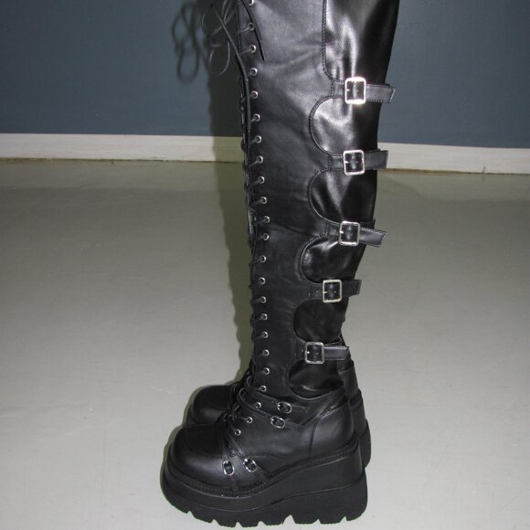 Demonia | Shoes | Demonia Shaker 35 Black Vegan Over The Knee Wedge ...